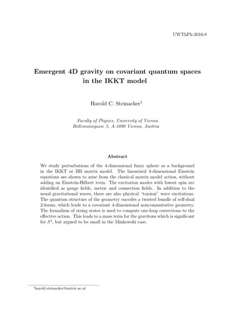 Pdf Emergent 4d Gravity On Covariant Quantum Spaces In The Ikkt Model