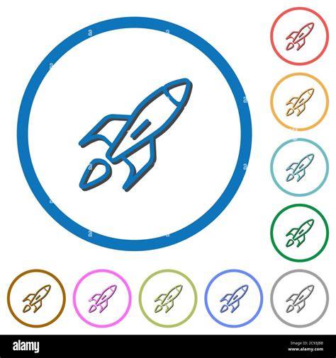 Launched Rocket Flat Color Vector Icons With Shadows In Round Outlines On White Background Stock