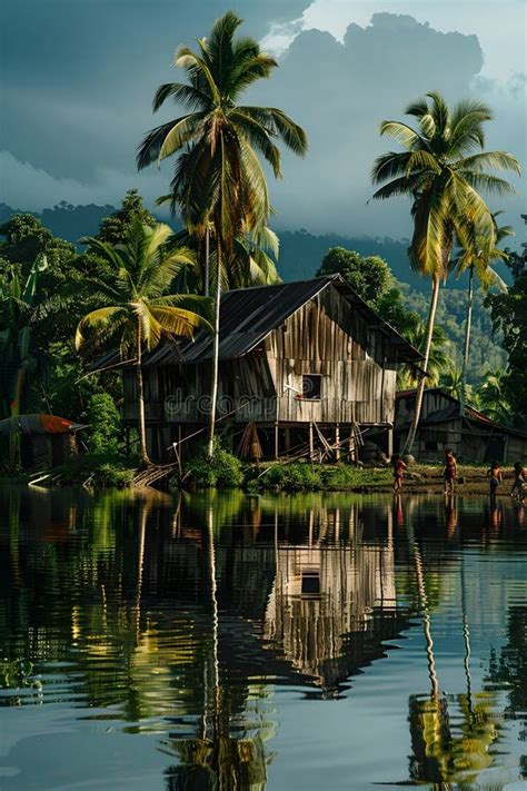 Rustic Tropical Riverside Village With Tall Palms In Serene Landscape