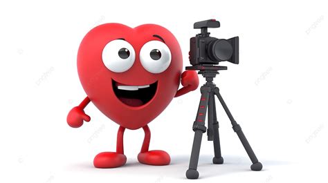 흰색 배경에 Dslr 또는 비디오 카메라 짐벌 안정화 삼각대 시스템을 갖춘 3d 렌더링 레드 하트 마스코트 짐벌 비디오그래퍼