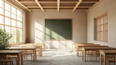 Empty Classroom Interior Design With Wooden Desks And Green Blackboard