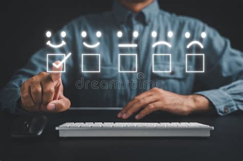 Man Using Keyboard Computer Finger Touching Rate Smile Face And Evaluate Services Stock Photo