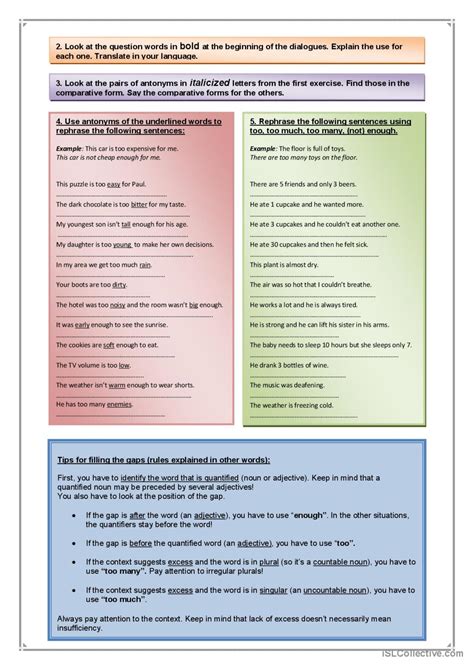 Too Too Much Too Many Not Enoug Deutsch Daf Arbeitsblätter Pdf And Doc