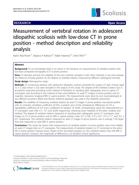 Pdf Measurement Of Vertebral Rotation In Adolescent Idiopathic Scoliosis With Low Dose Ct In