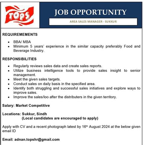 Vacancy Announcement Area Sales Manager Sukkur Sindh Adnan Ghaffar