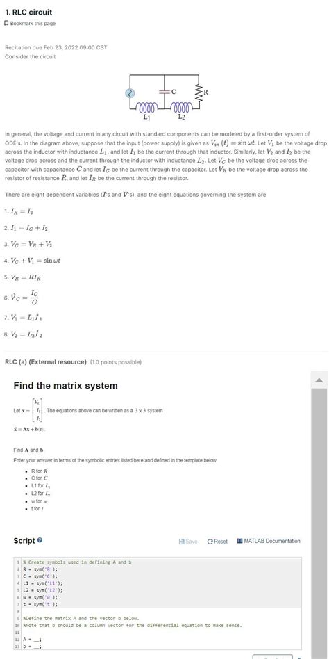 Solved Matlab Define Matrix A And Column Vector B For The