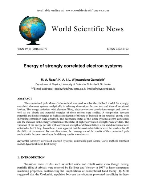 Pdf Energy Of Strongly Correlated Electron Systems