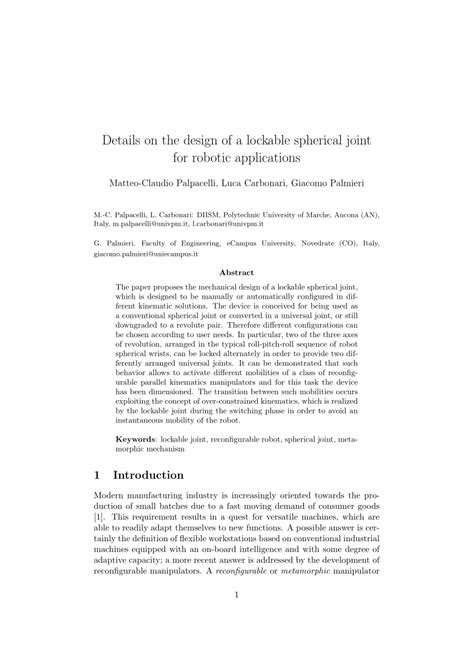 PDF Details On The Design Of A Lockable Spherical Joint For Robotic Applications