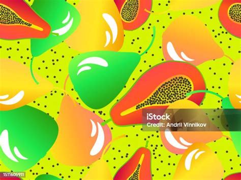 파파야와 배를 사용한 매끄러운 패턴 여름 이국적인 과일은 배와 파파야를 3d 스타일의 그라데이션 색상과 혼합합니다 배너 포스터