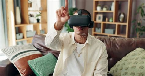 Vr Relax And Man In Home With Technology For Metaverse Scroll App Or