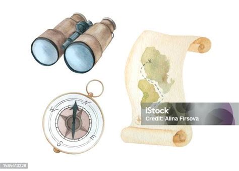 여행 속성의 아이들 세트의 수채화 그림입니다 쌍안경 나침반 지도 빈티지 종이 스크롤 수채화에 대한 스톡 벡터 아트 및 기타 이미지 수채화 지도 쌍안경 Istock