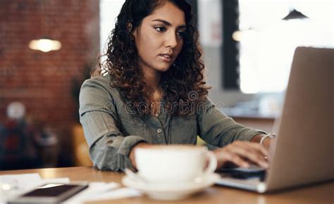 Laptop Typing And Woman In Cafe For Remote Work Research And Online
