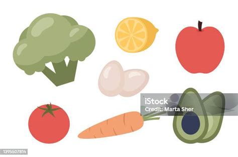 건강 식품 세트 아이콘 브로콜리 아보카도 토마토 계란 당근 사과 레몬 벡터 플랫 일러스트 레이 션 토마토 채소에 대한 스톡 벡터 아트 및 기타 이미지 Istock