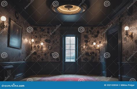 A Dimly Lit Hallway With A Patterned Wallpaper And A Single Window