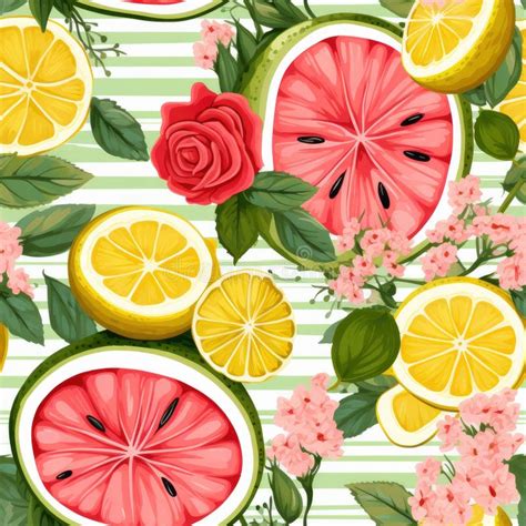Watermelon And Lemon Seamless Repeating Pattern Fruit Tile Stock