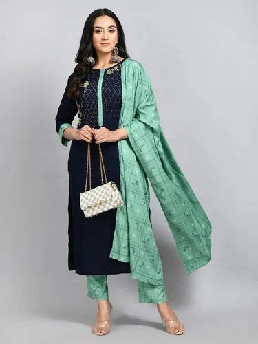Navy Blue Rayon Cross Embellished Kurta Set With Printed Dupatta At