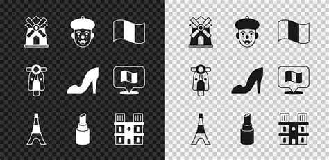 세트 풍차 프랑스 마임 플래그 프랑스 에펠 탑 립스틱 노트르담 드 파리 스쿠터와 여성 신발 아이콘 벡터 건축에 대한 스톡 벡터 아트 및 기타 이미지 Istock