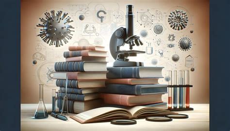 Photo Realistic Books And Microscope Concept Iconic Stack Of Books And