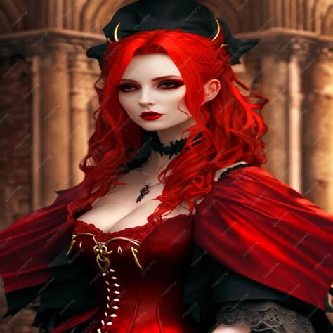 Premium Ai Image Lady Wearing Red Dress And Red Hair
