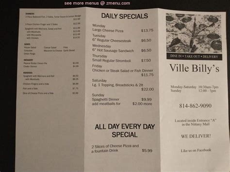 Menu At Ville Billy`s Llc Pizzeria State College