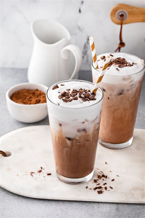 Cold Or Iced Chocolate Drink With Milk Foam Refreshing Drink Stock