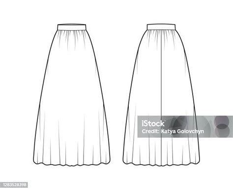 스커트 맥시 디렌들 테크니컬 패션 일러스트와 바닥 발목 길이 실루엣 실루엣 세미 원형 풀림 플랫 바닥 0명에 대한 스톡 벡터