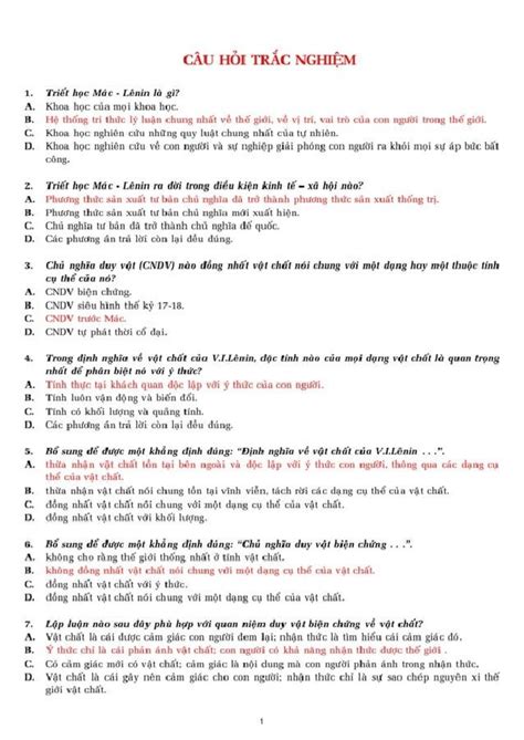 100 CÂU HỎI TRẮC NghiệM TRIẾT HỌC MÁC LÊNIN - CÂU HOI TRAC NGHIÊM 1 ...