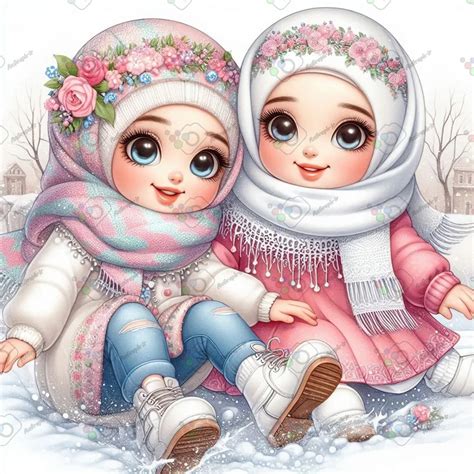 بک گراند کودکانه دختران کوچولو و ناز با حجاب در حال سر خوردن روی برف کد