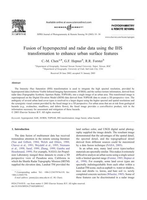 pdf fusion of hyperspectral and radar data using the ihs
