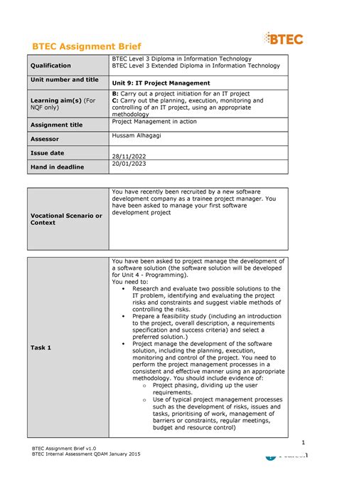 Unit 9 Assignment Brief For Learning Aim B And C It Project Management Btec Assignment Brief