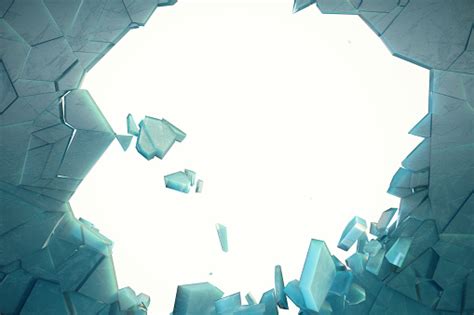 작은 조각으로 부서의 센터에 있는 구멍을 가진 얼음의 3d 그림 벽 당신의 배너 광고에 대 한 장소입니다 폭발은 벽에 균열을 발생합니다 얼음 깨지는 벽에 구멍을 폭발입니다