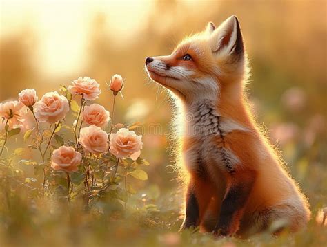 Young Red Fox Admiring Peach Roses In Golden Light Generated Ai Stock Illustration