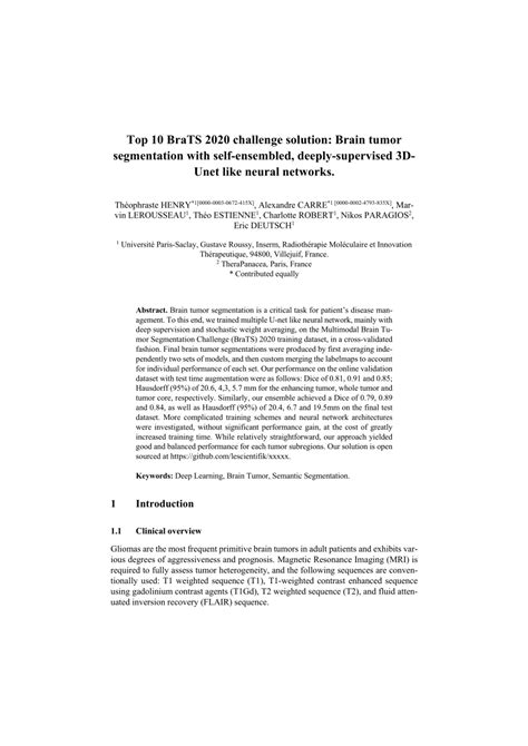 Pdf Top 10 Brats 2020 Challenge Solution Brain Tumor Segmentation With Self Ensembled Deeply