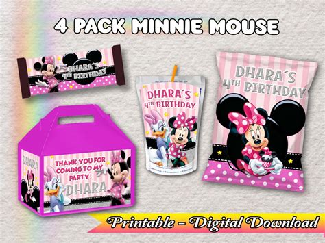 4 Pack Minnie Girl Chip Bag Juice Candy Bar Gable Box Minnie Lables Digital