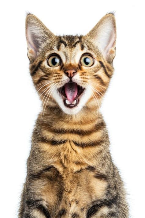 Surprised Tabby Cat With Mouth Open Isolated On White Background