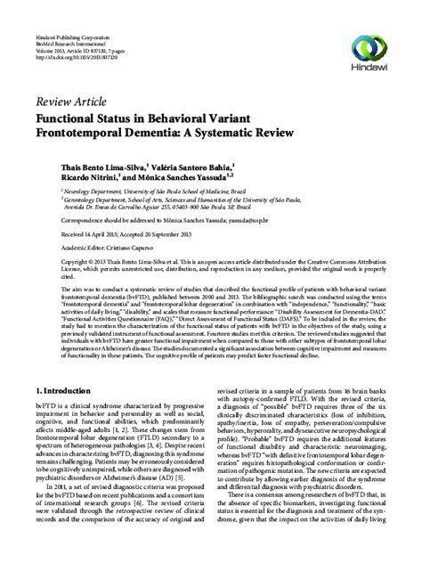 Pdf Functional Status In Behavioral Variant Frontotemporal Dementia