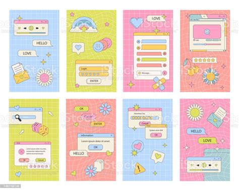 귀여운 향수를 불러일으키는 90년대 복고풍 증기파 게시물 및 스토리 템플릿입니다 오래된 컴퓨터 미적 Ui 요소 벡터 세트가 있는 소셜 미디어 스토리 및 게시물 복고풍 그루비