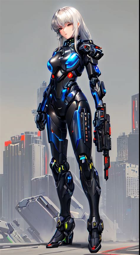 도시 앞에 서 있는 미래형 정장을 입은 여성 Seaart Ai