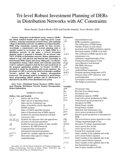 Pdf Tri Level Robust Investment Planning Of Ders In Distribution Networks With Ac Constraints