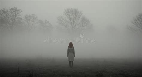 Woman Standing Alone In Foggy Field Amidst Bare Trees In Winter Stock Image Image Of Cold