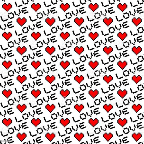 작은 픽셀화된 빨간 하트와 검은 단어 흰색 배경에 고립된 사랑 매끄러운 패턴이 사랑 스럽다 벡터 간단한 평면 그래픽 그림입니다 흰색 배경에 격리된 개체입니다 격리 8에 대한