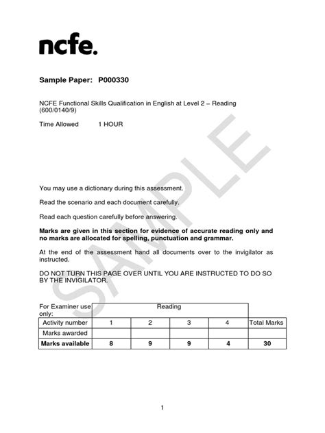 Ncfe Functional Skills English Level 2 Reading Question Paper P000330 Pdf