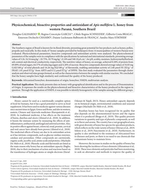 Pdf Physicochemical Bioactive Properties And Antioxidant Of Apis Mellifera L Honey From