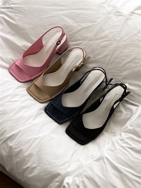 데일리 베이직 심플 스퀘어 통굽 컴포트 쿠션 스트랩 슬링백 샌들 힐 5cm 에이블리