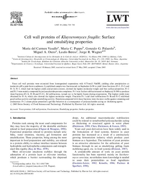 Pdf Cell Wall Proteins Of Kluyveromyces Fragilis Surface And Emulsifying Properties
