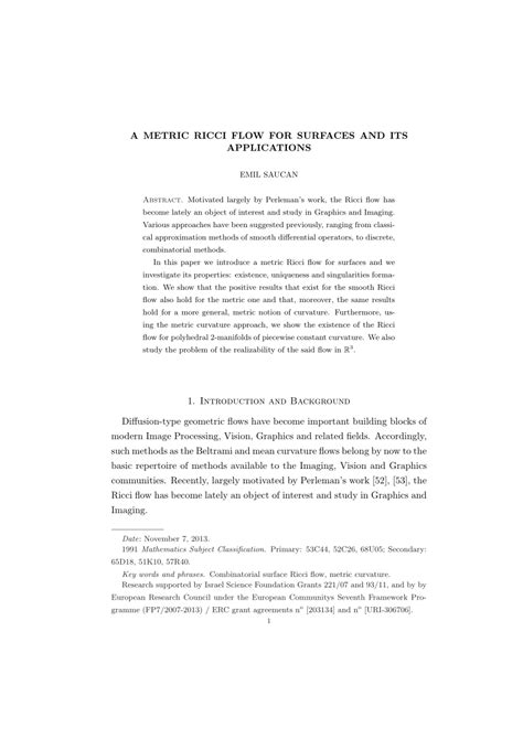 Pdf A Metric Ricci Flow For Surfaces And Its Applications