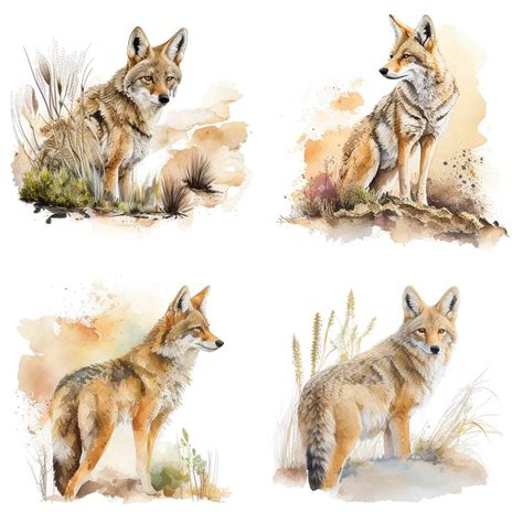 Set Of 4 Watercolor Coyote Clipart Commercial Use Png Download For