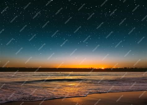 Premium Photo Orange Sunset On Blue Starry Sky At Night Moonlight