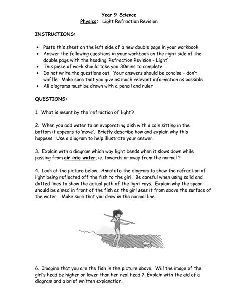 Refraction Of Light Worksheet