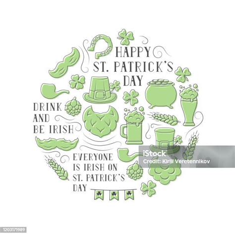 해피 세인트 패트릭 데이 국경 레터링 클로버 모자 말굽 레프렌 수염 맥주와 아일랜드어 휴일 프레임 St Patricks